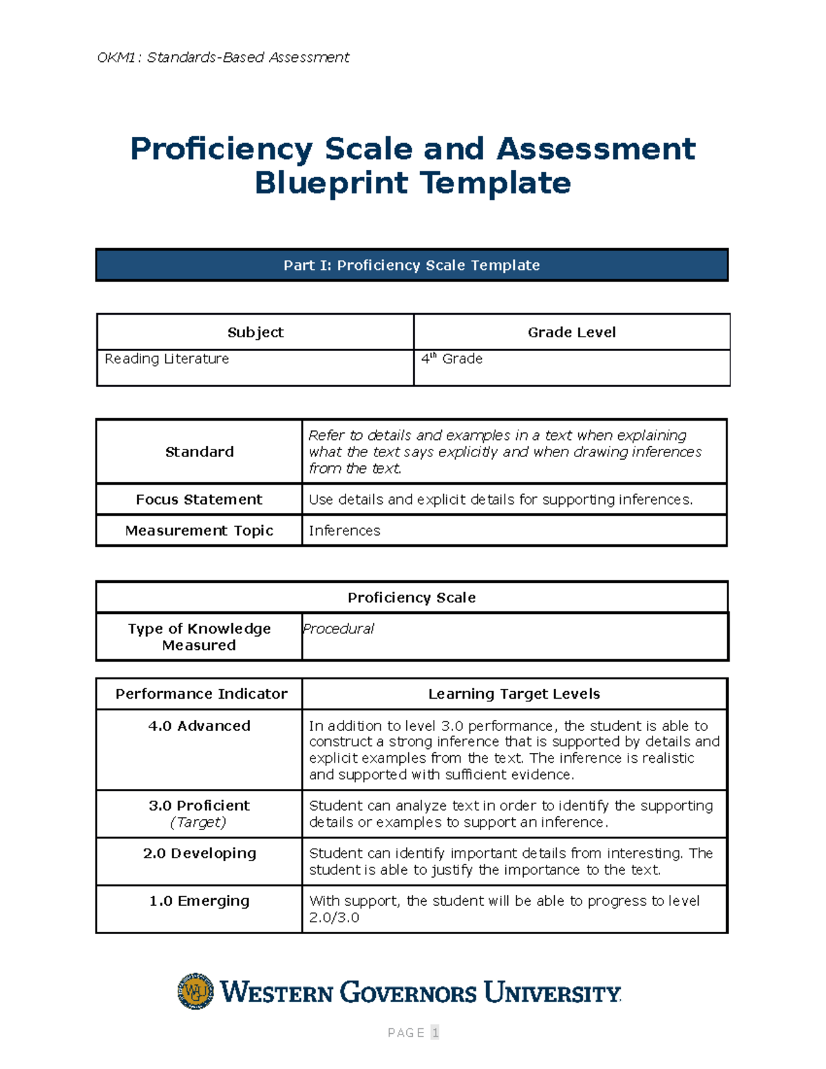 OKM1 Standards-Based Assessment: Proficiency Scale & Assessment Guide ...
