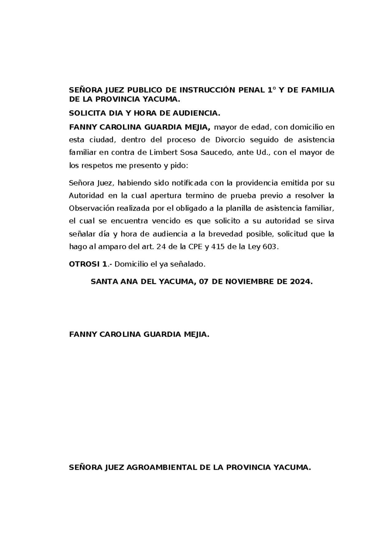 Solicitud de Día y Hora de Audiencia - Proceso de Divorcio - Studocu