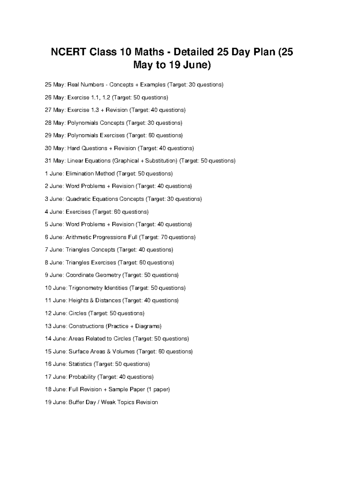 NCERT Class 10 Maths 25-Day Study Plan (May 25 - June 19) - Studocu
