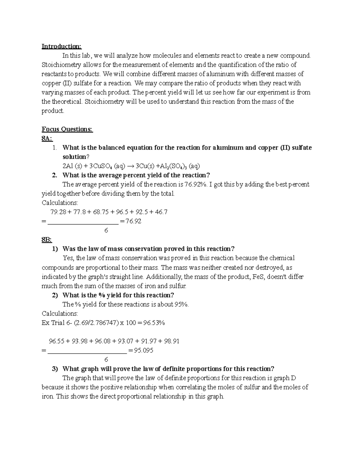 Chem 106 Lab 8: Analyzing Stoichiometry in Aluminum & Copper(II ...