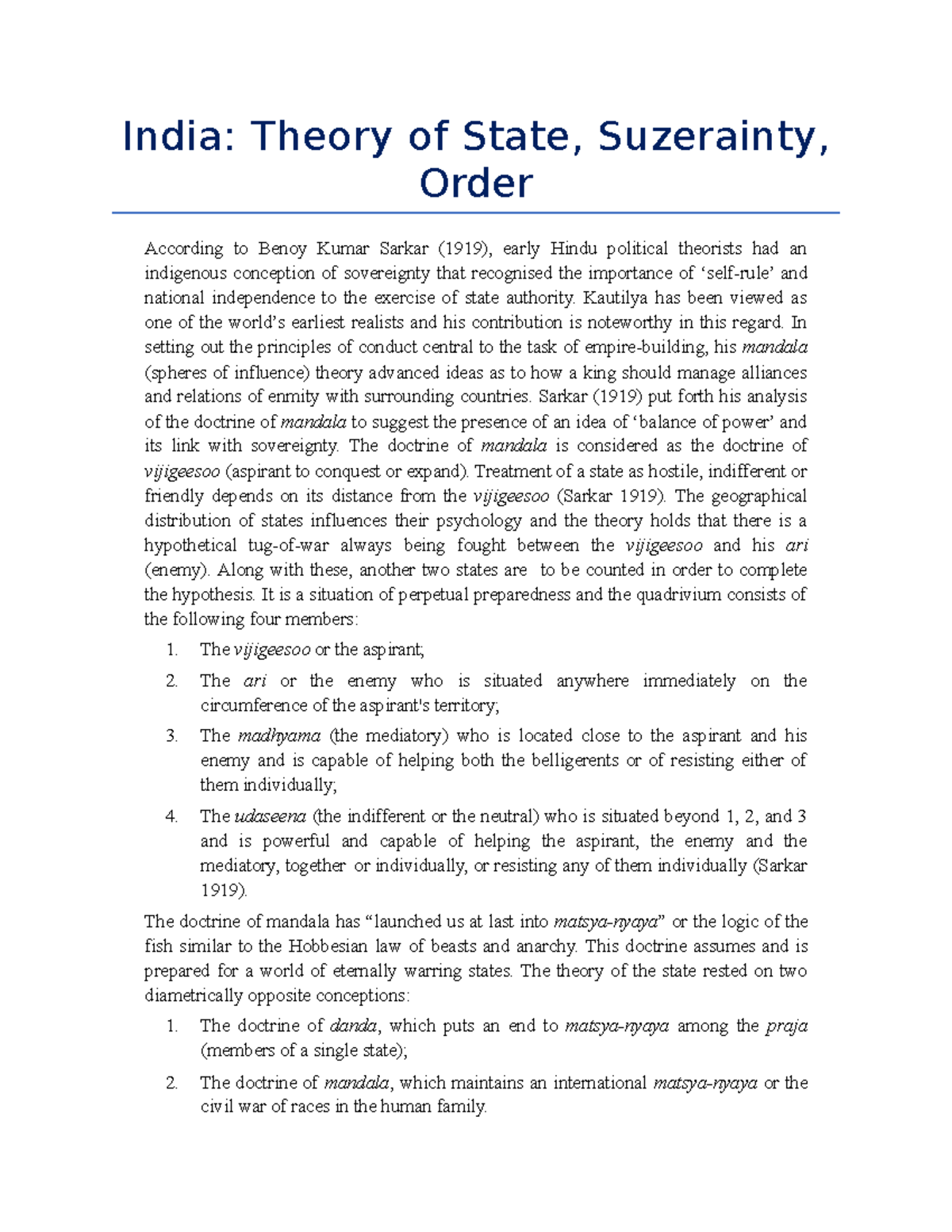 Indian Theory of State: Suzerainty and Order in Political Thought - Studocu