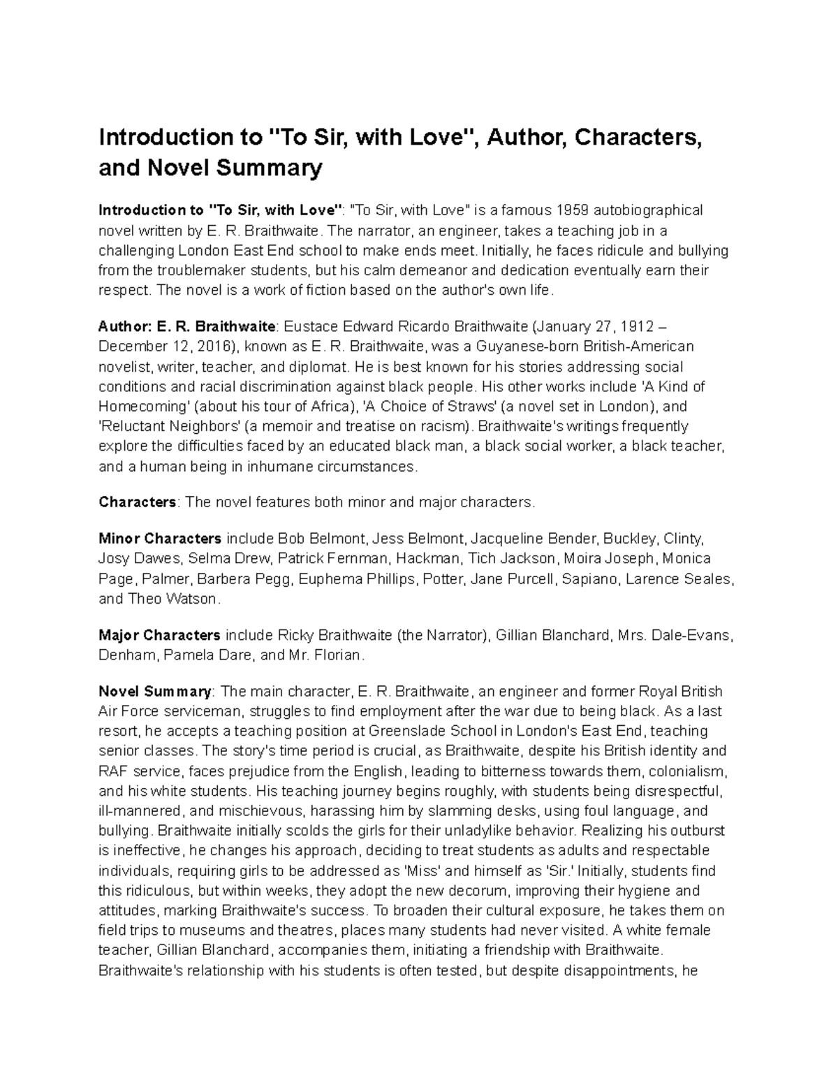 Analysis of "To Sir, With Love" by E. R. Braithwaite: Characters ...