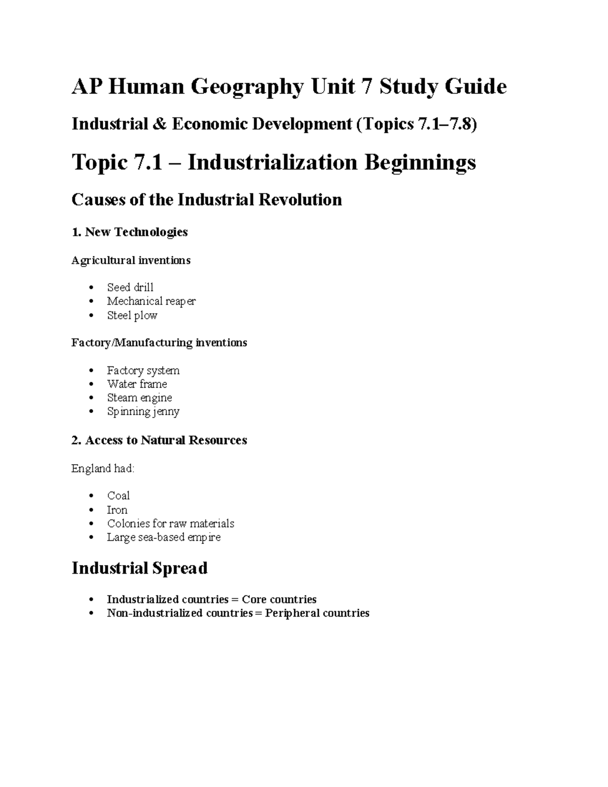 AP Human Geography Unit 7 Study Guide: Industrial Economic Development ...