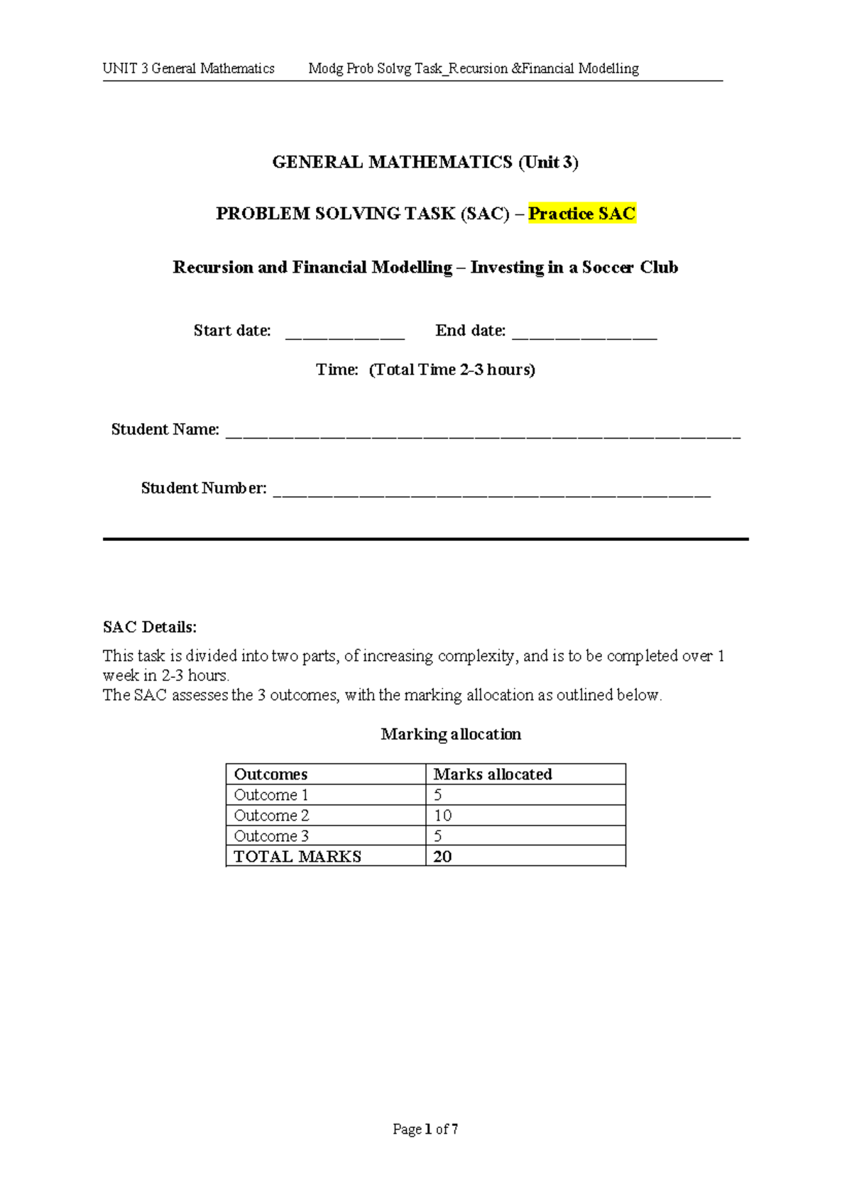 2024 General Mathematics Unit 3 Recursion SAC Practice: Soccer Club ...