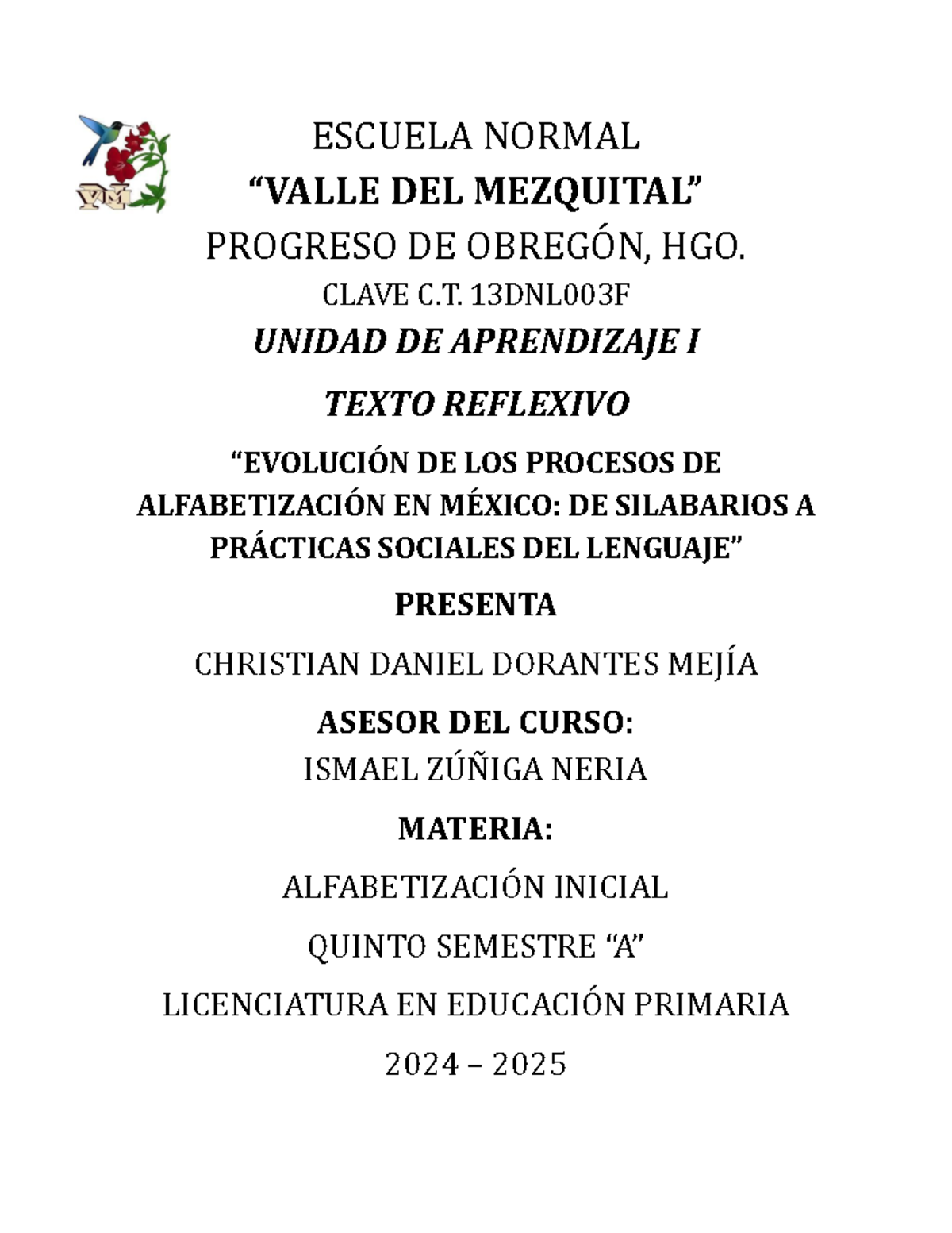 Texto Reflexivo - fsdfsdfsdf - ESCUELA NORMAL “VALLE DEL MEZQUITAL ...