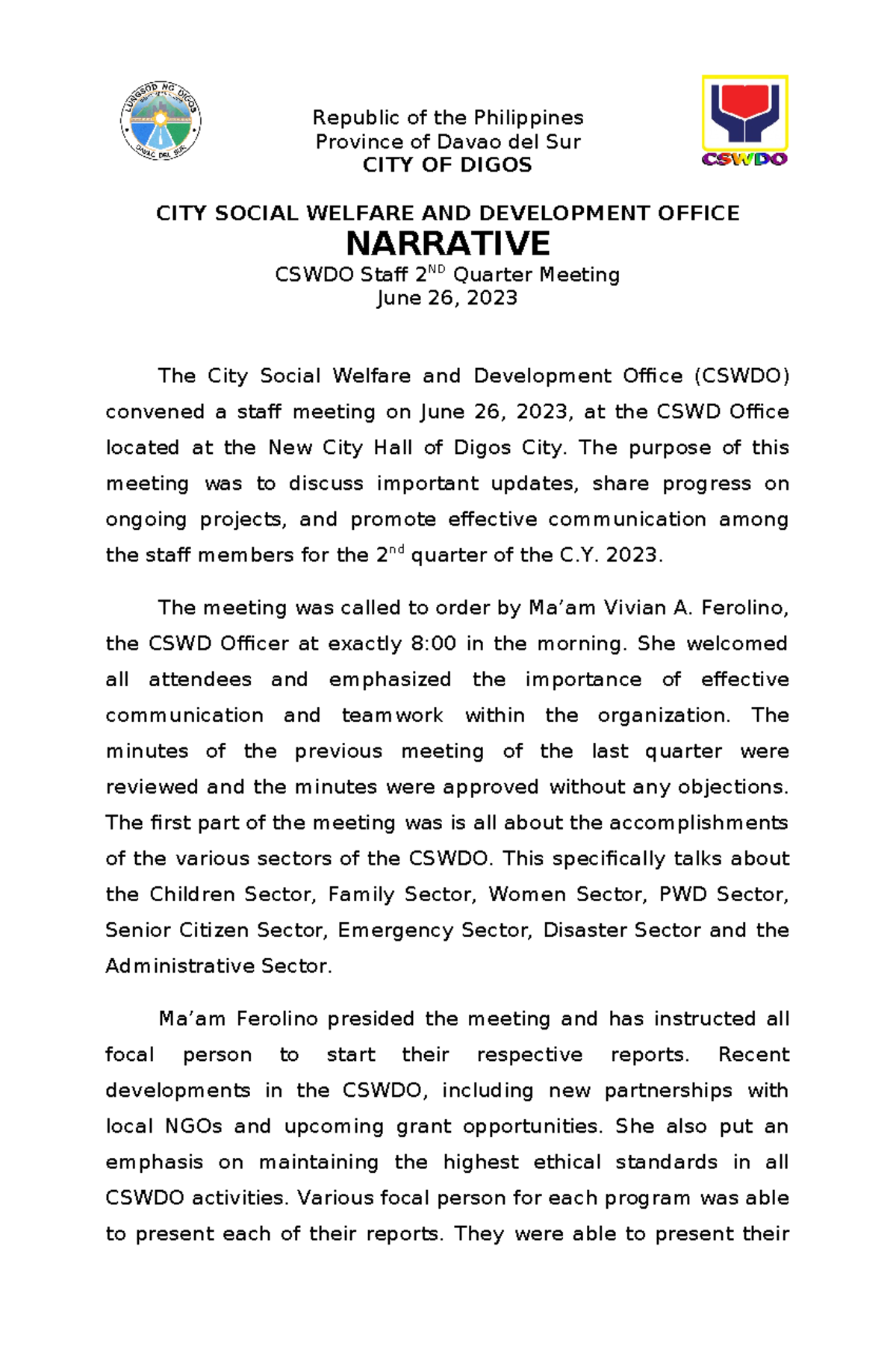 CSWDO Staff Meetings Summary: Digos City Q2 2023 Report - Studocu