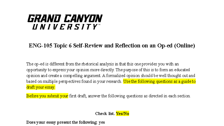 ENG 105ONL T6 Self Review: Reflection on Opinion Essay Writing - Studocu