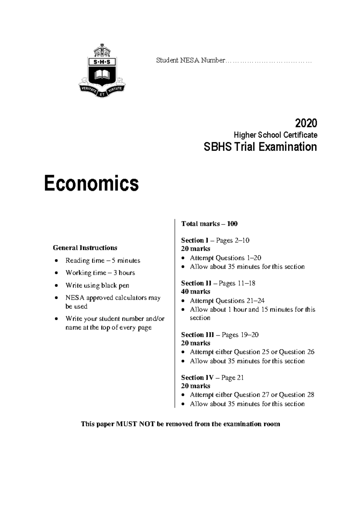 Sydney Boys 2020 HSC Economics Trials & Solutions Guide - Studocu