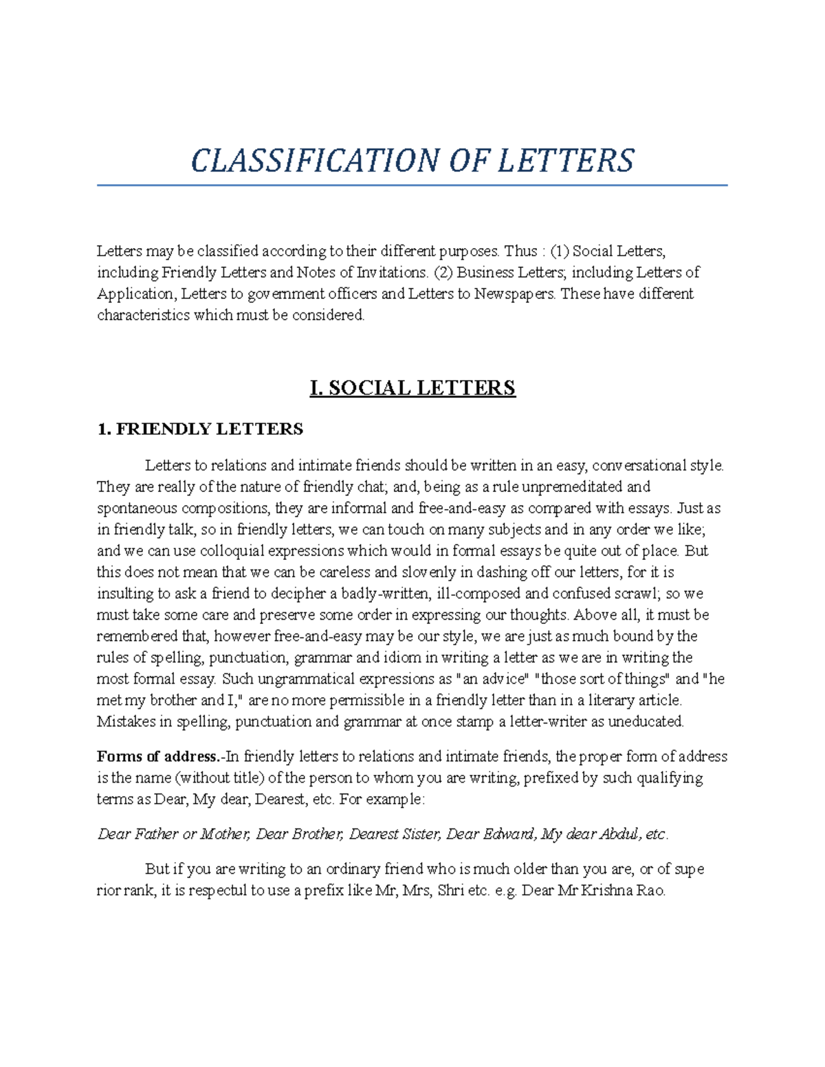 Classification OF Letters - CLASSIFICATION OF LETTERS Letters may be ...