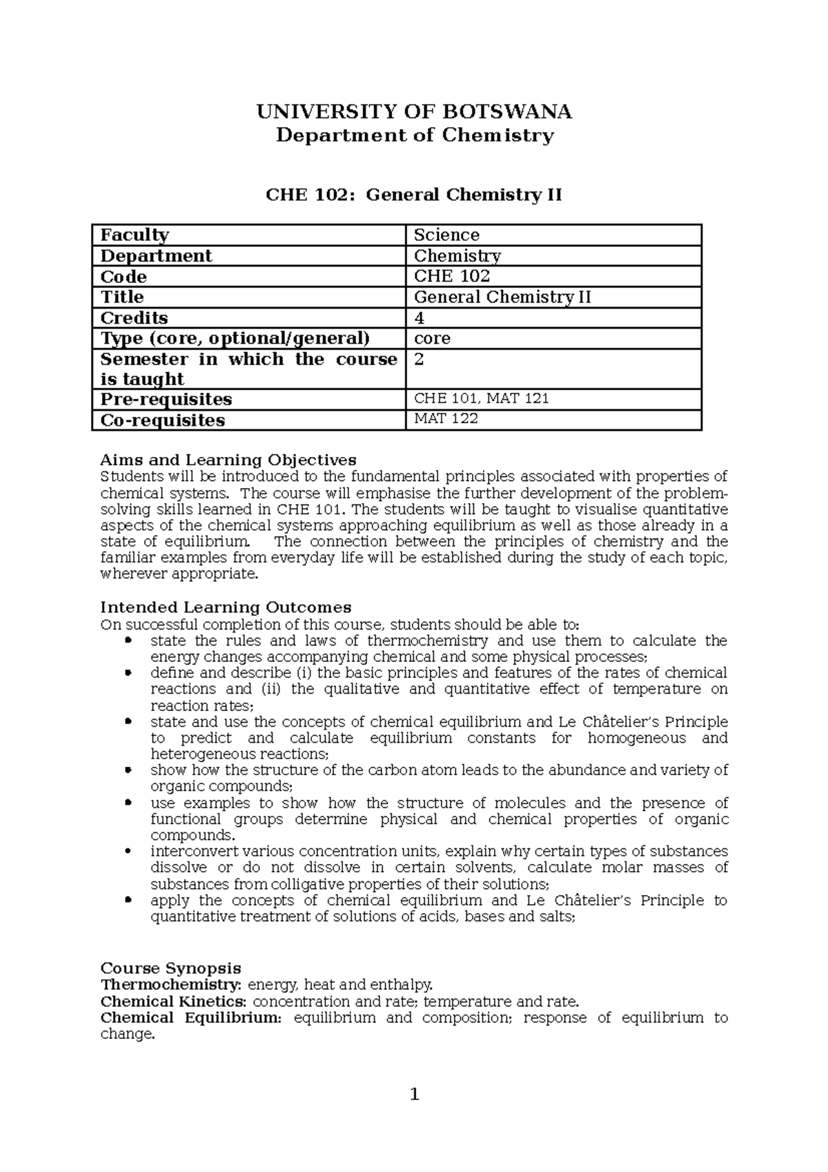 CHE 102 General Chemistry II Course Outline 2015-16 (Semester 2) - Studocu