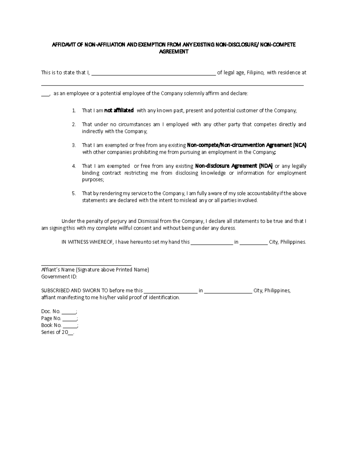 Affidavit of Non-Affiliation Exemption - Philippines Document - Studocu