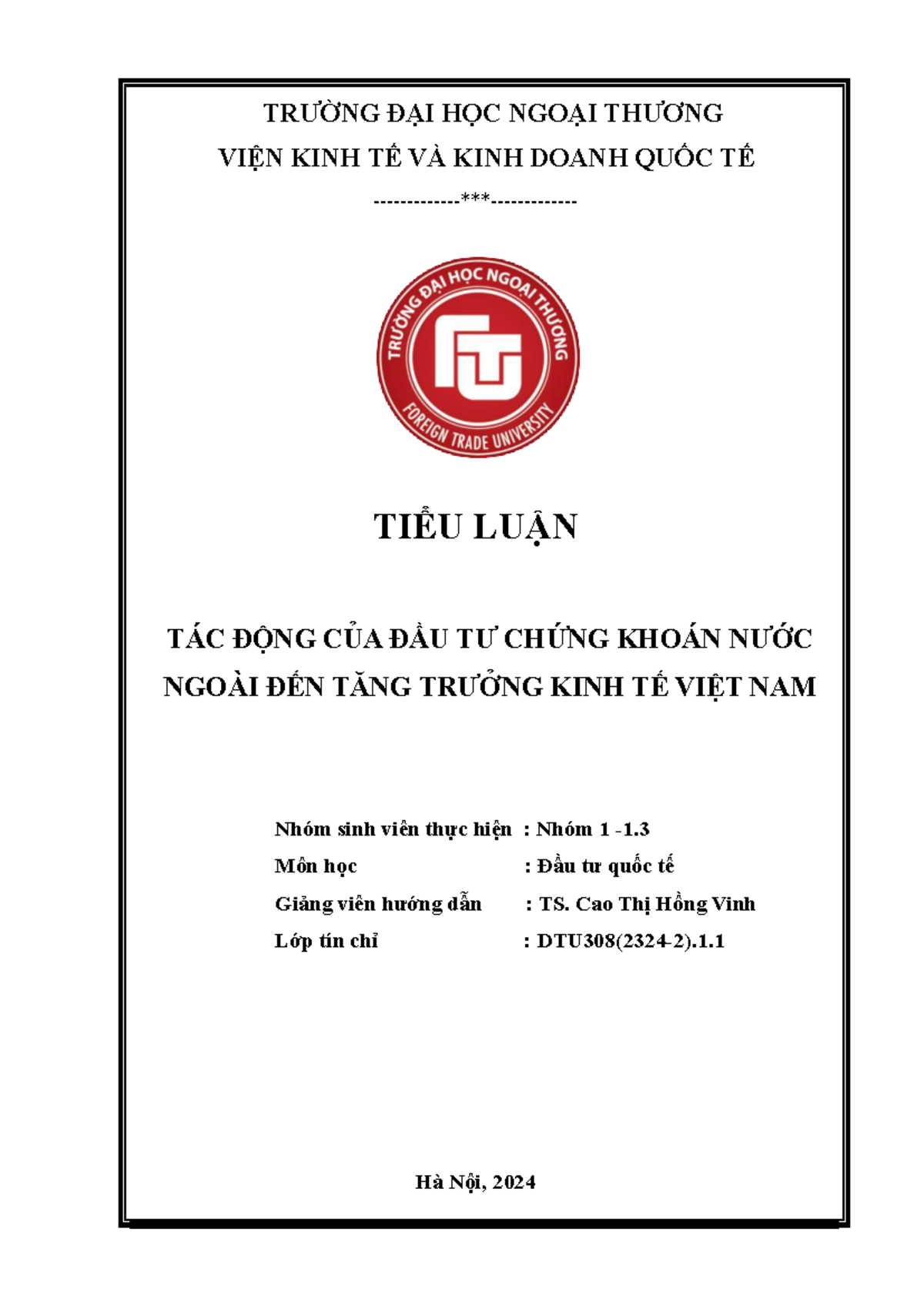 Tiểu luận giữa kỳ DTU308(2324-2).1: Tác động FPI đến Kinh tế Việt Nam ...