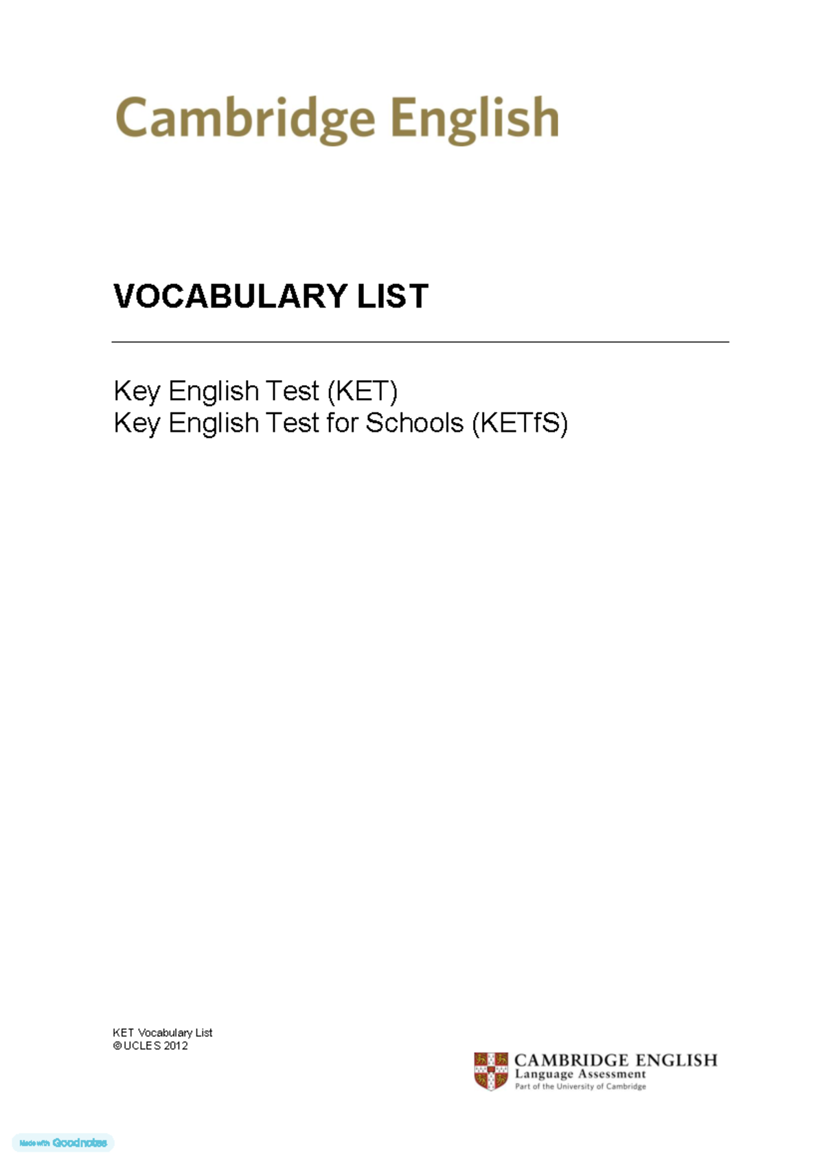 22105 KET Vocabulary List for English Language Learners - Studocu