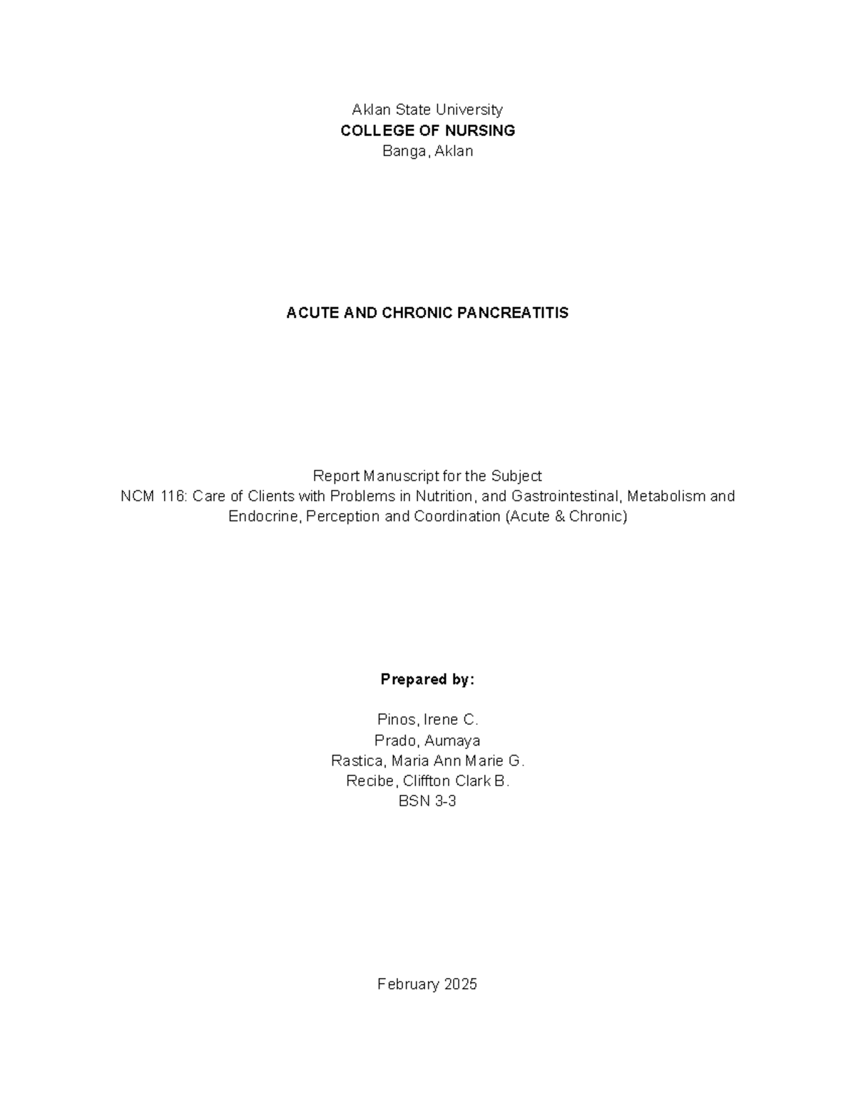 NCM 116: Acute and Chronic Pancreatitis Report by Group 3 - Studocu