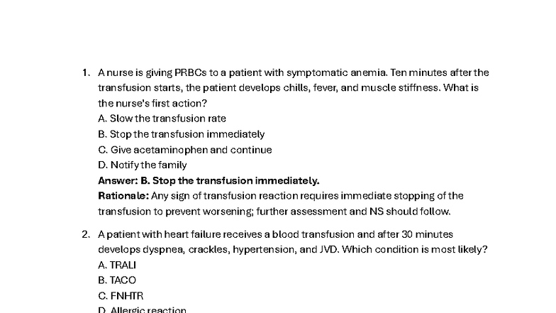 Quiz Review: Blood Transfusion Reactions and Management (NUR 101) - Studocu