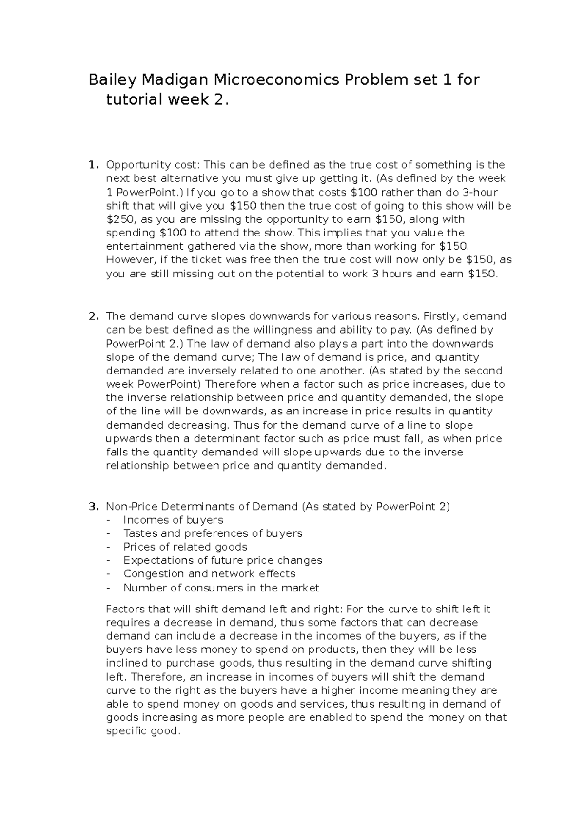 Bailey Madigan Microeconomics Tutorial 1 Problem Set Questions - Studocu