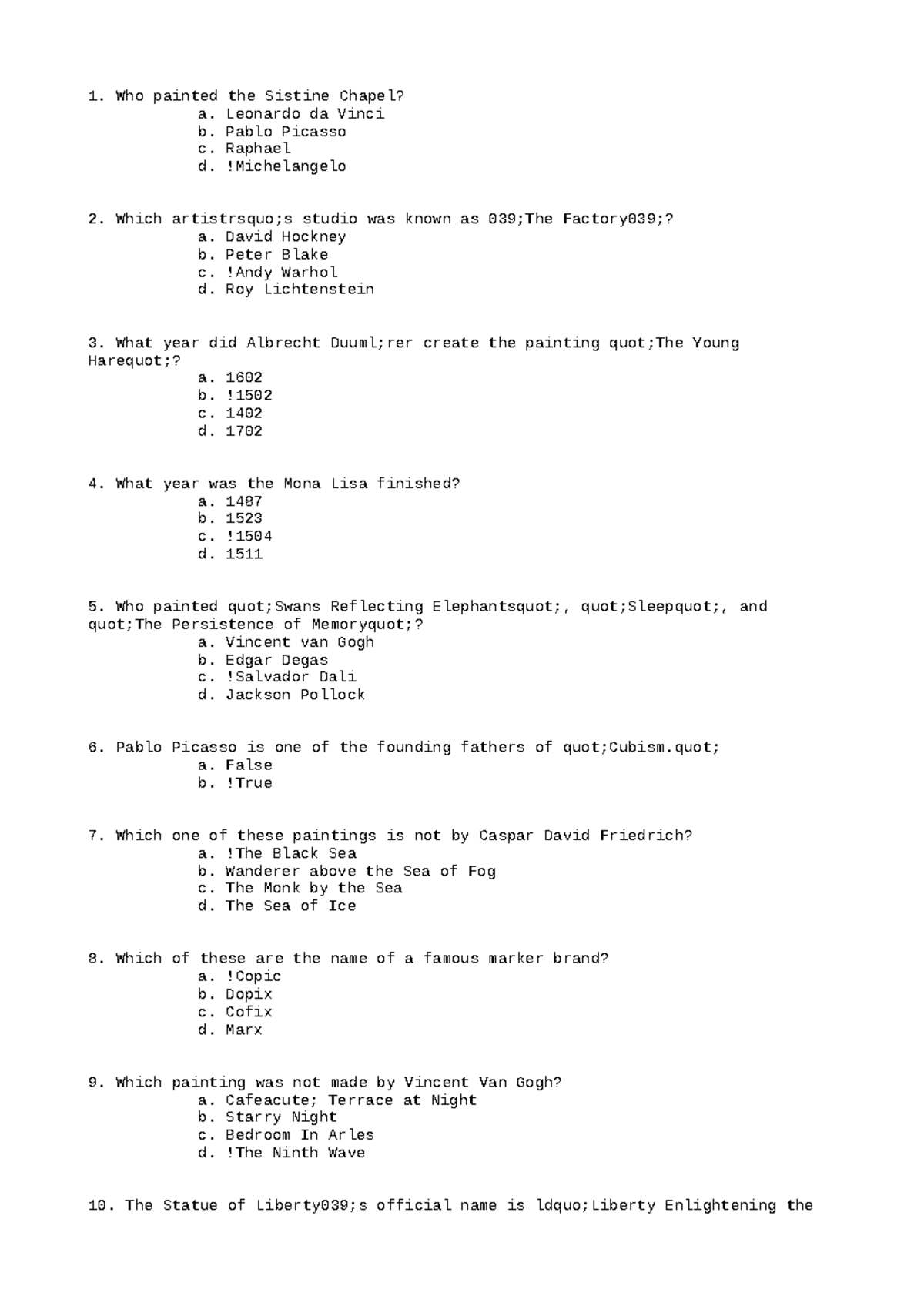 Art History Quiz Responses and Key Answers - Studocu