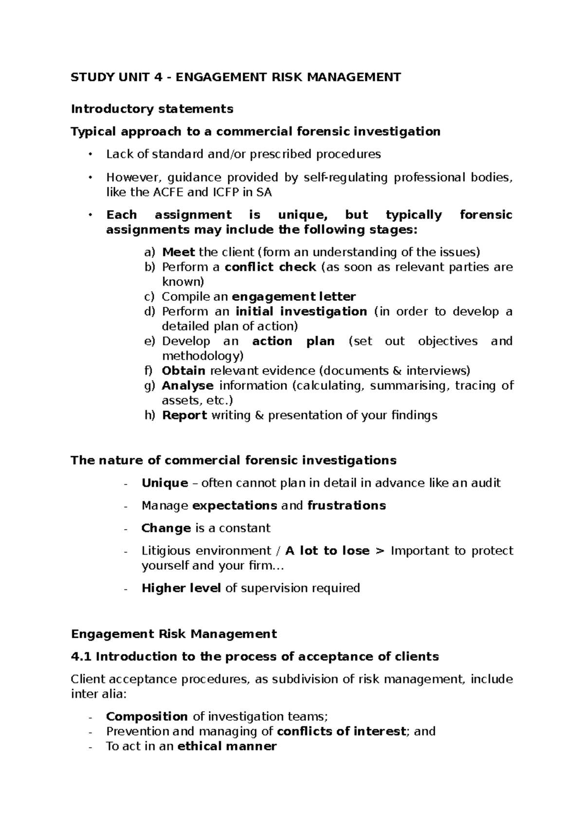 PFRM Study UNIT 4 - Engagement Risk Management Overview - Studocu