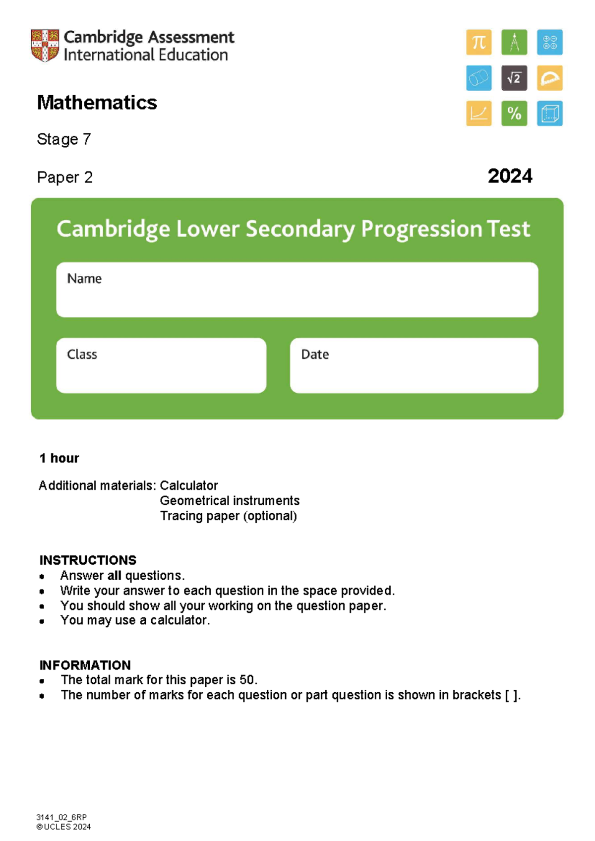 Mathematics Stage 7 Paper 2 (3141_02_6RP) - Exam 2024 - Studocu