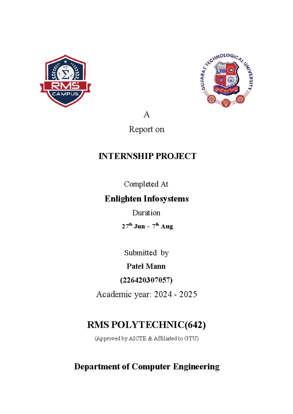 Summer internship report (mann) - A Report on INTERNSHIP PROJECT ...
