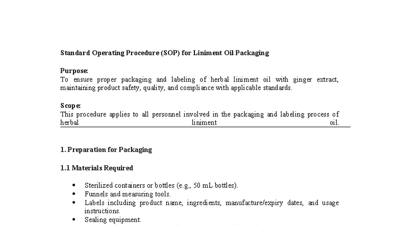 SOP for Packaging of Liniment Oil: Quality & Compliance Guide - Studocu