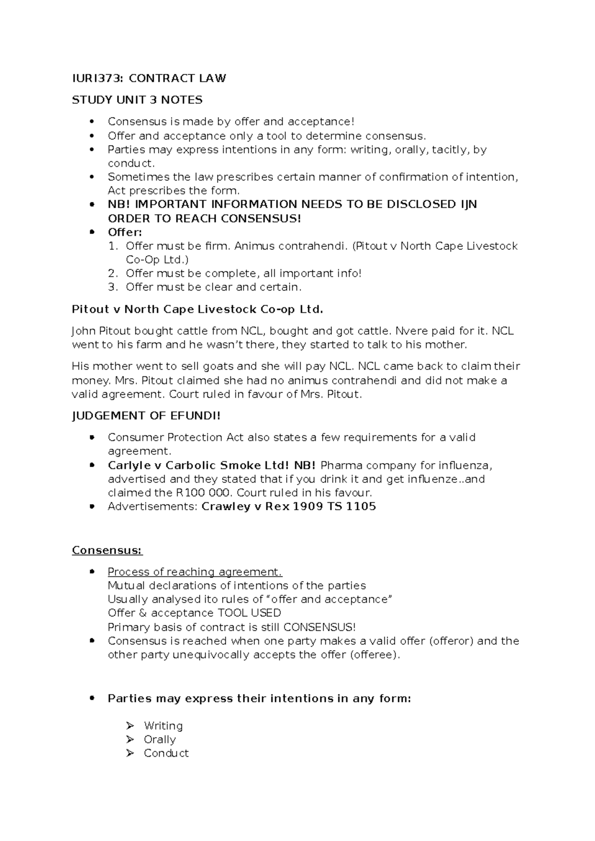 IURI373 Final Exam Study Notes on Contract Law - Study Unit 3 - Studocu