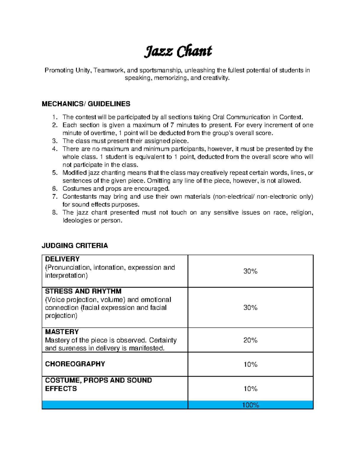 JAZZ Chant Mechanics AND Criteria FOR Judging - Jazz Chant Promoting ...