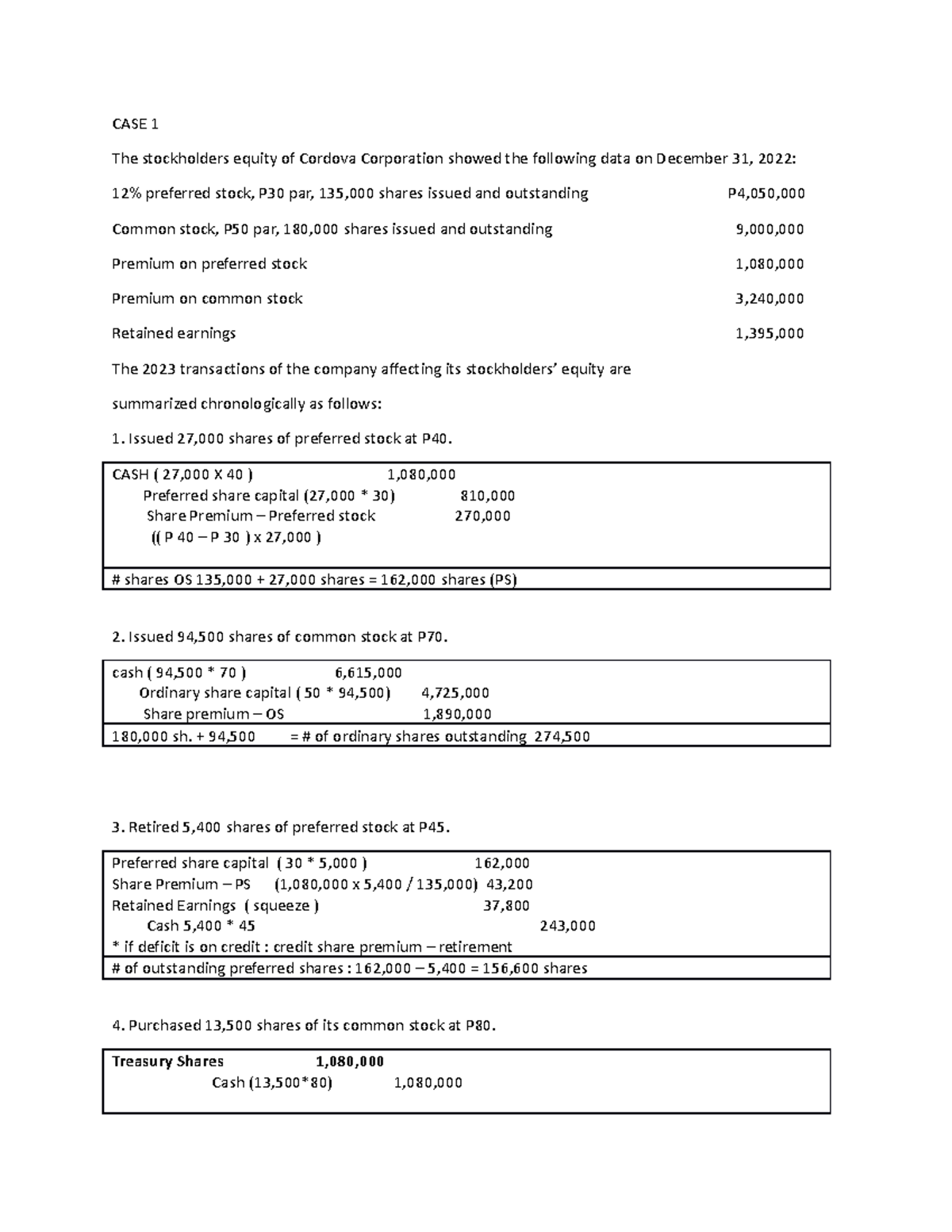 Shareholders' Equity Problem Set Part 1: Solutions and Analysis - Studocu