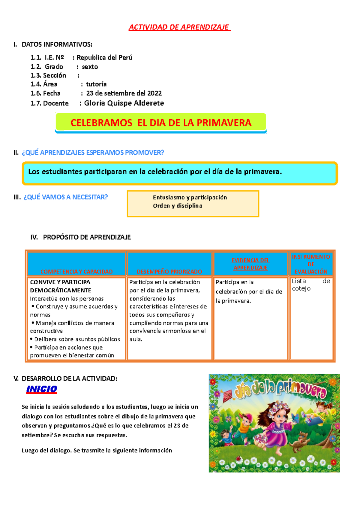 Sesión de Tutoría: Celebración del Día de la Primavera - 6to Grado ...