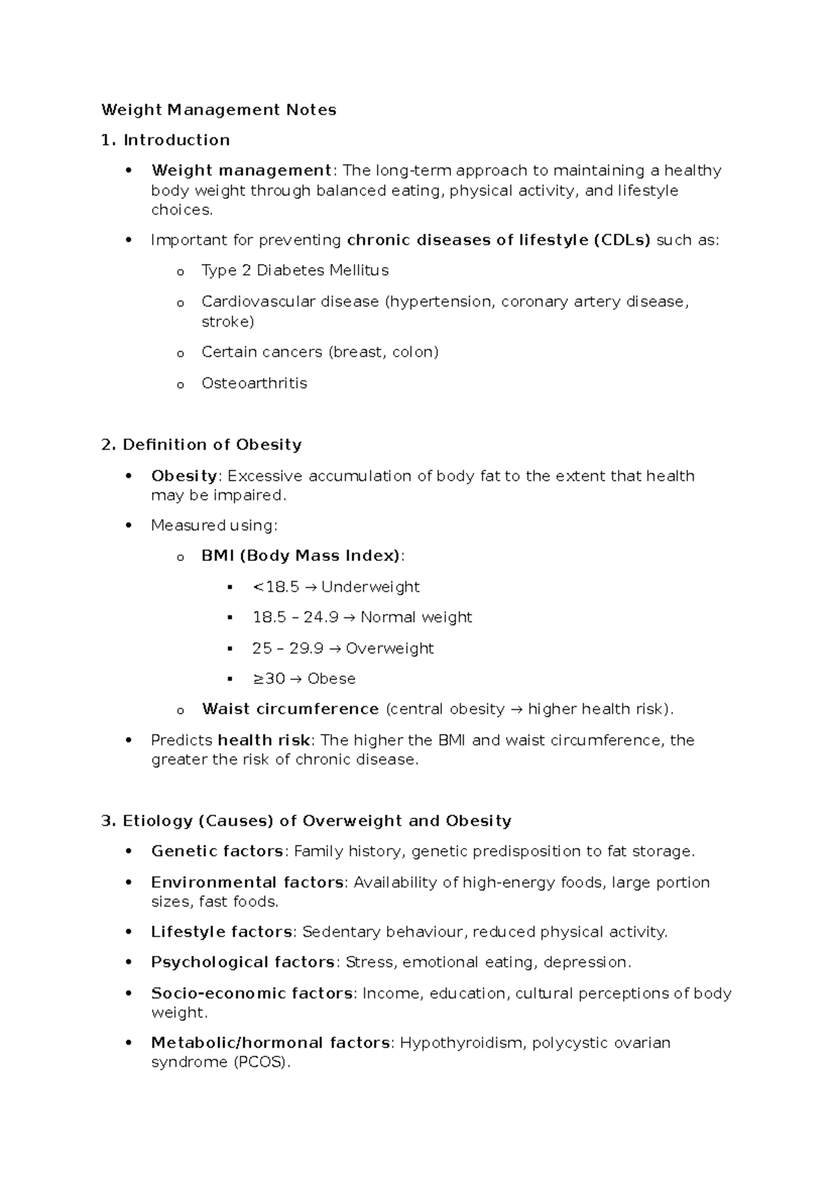 Weight Management Notes: Understanding Obesity & Its Impacts - Studocu