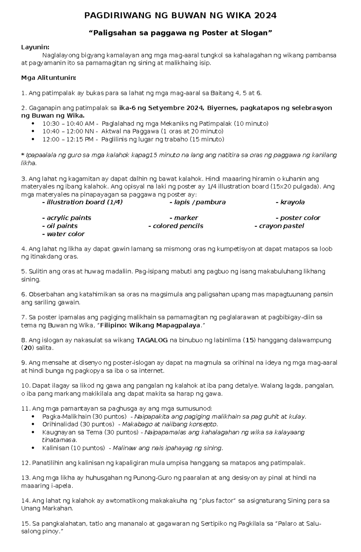 Buwan ng Wika 2024: Mekaniks ng Poster at Slogan Paligsahan - Studocu