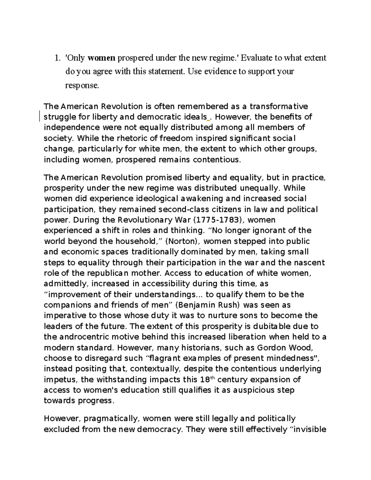 Women in Post-Revolution America: Evaluating Their Prosperity (HIST 101 ...