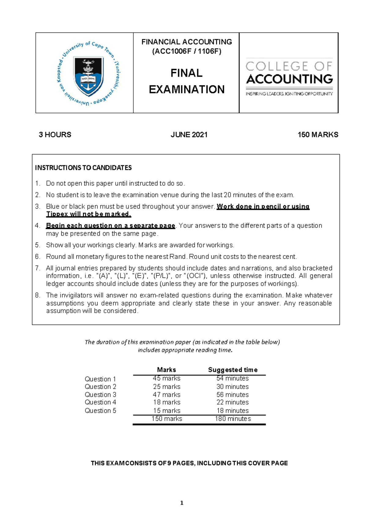 ACC1006F 2021 Final Exam: Financial Accounting Guidelines and Questions ...