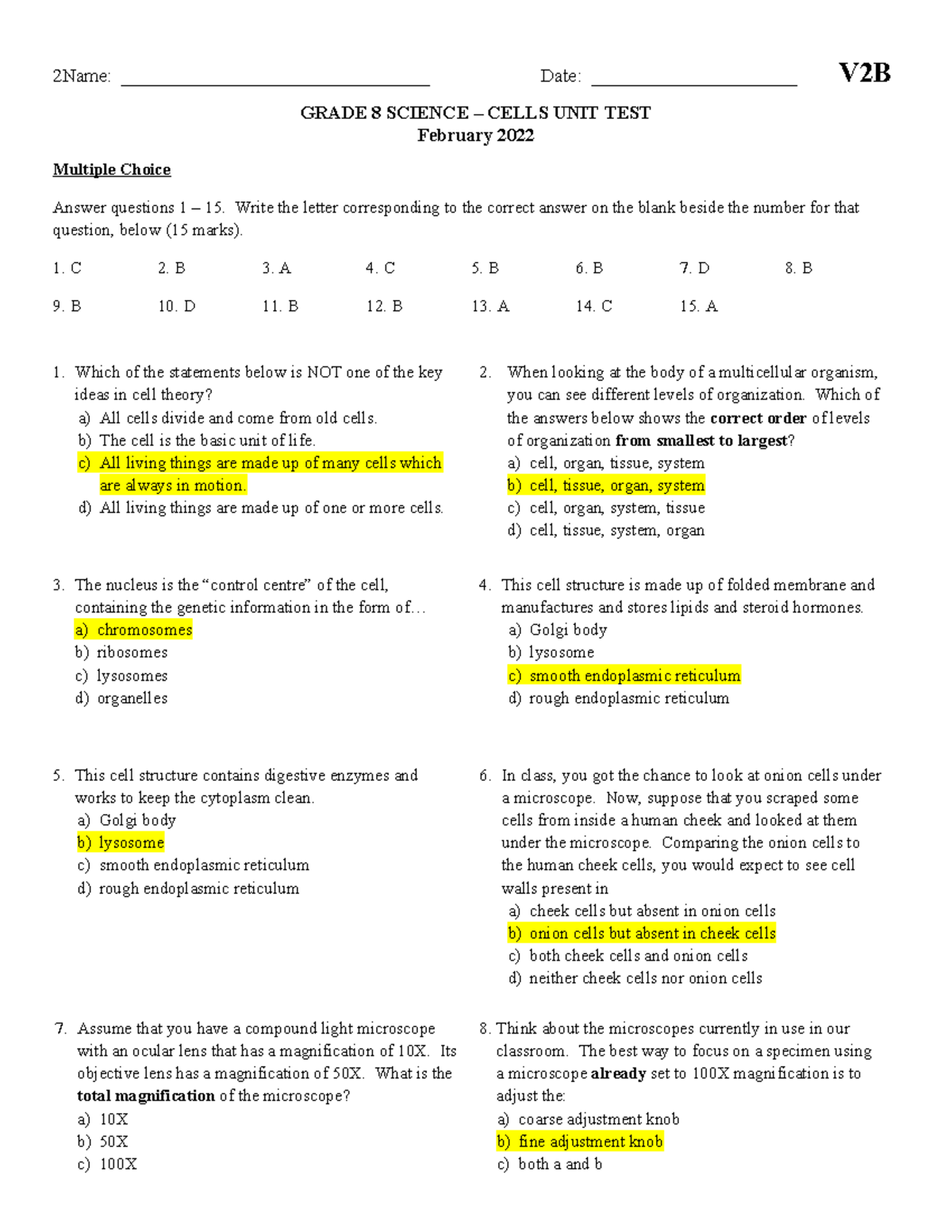 Grade 8 Science Cells Unit Test - February 2022 - Studocu