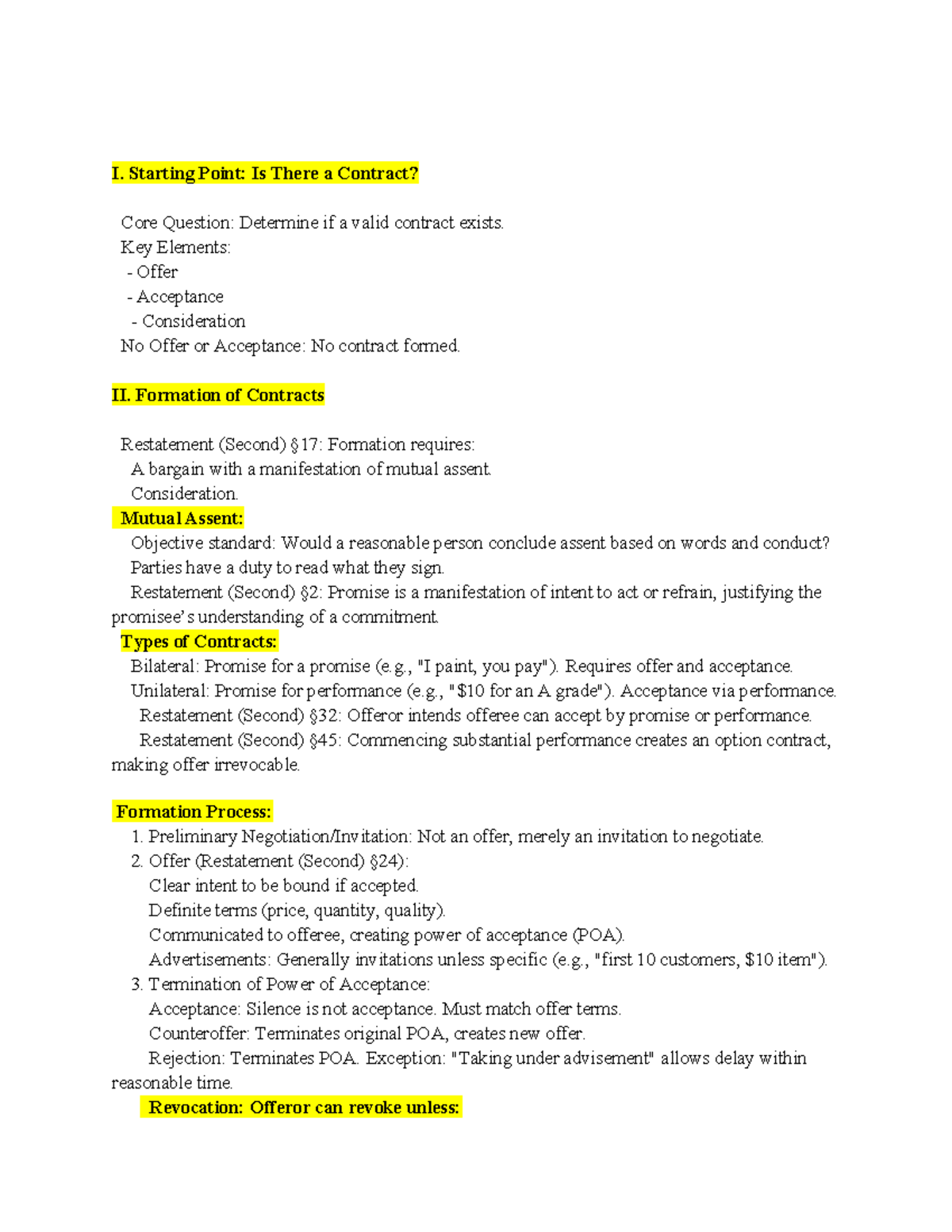 Contracts Outline: Key Elements and Formation Process (LAW 101) - Studocu