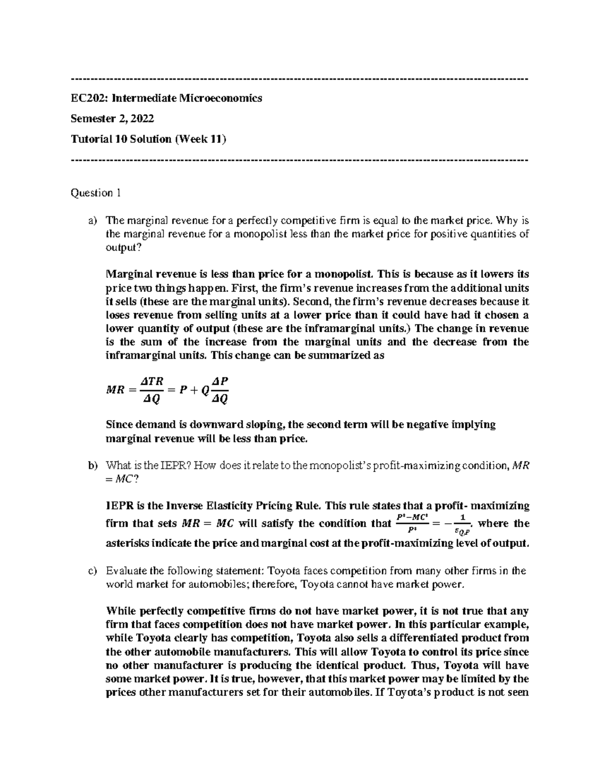 EC202: Intermediate Microeconomics - Tutorial 10 Solutions Overview ...