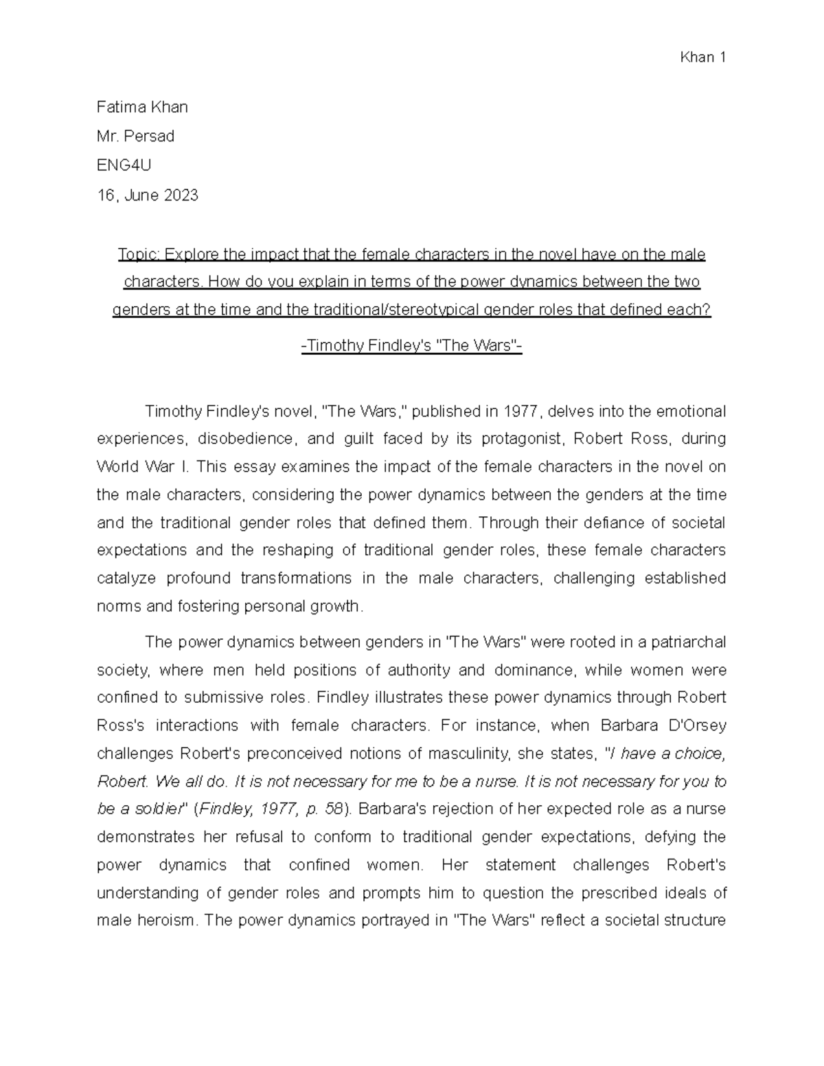 ENG4U Essay: The Transformative Role of Female Characters in "The Wars ...