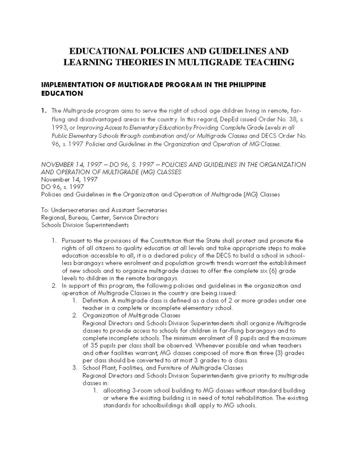 Educational Policies, Guidelines & Learning Theories in Multigrade ...