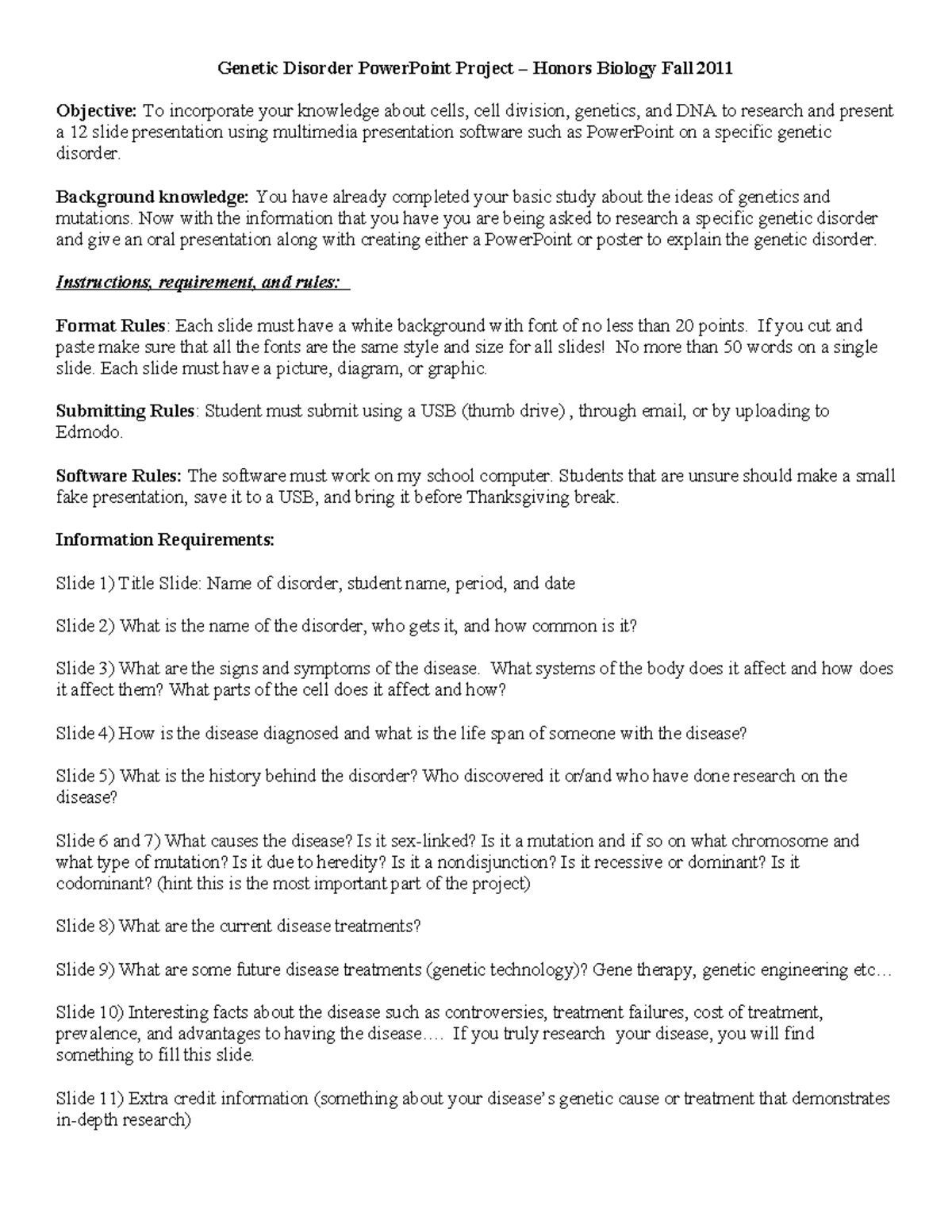 Genetic Disorder Presentation Guidelines - Honors Biology (Fall 2011 ...