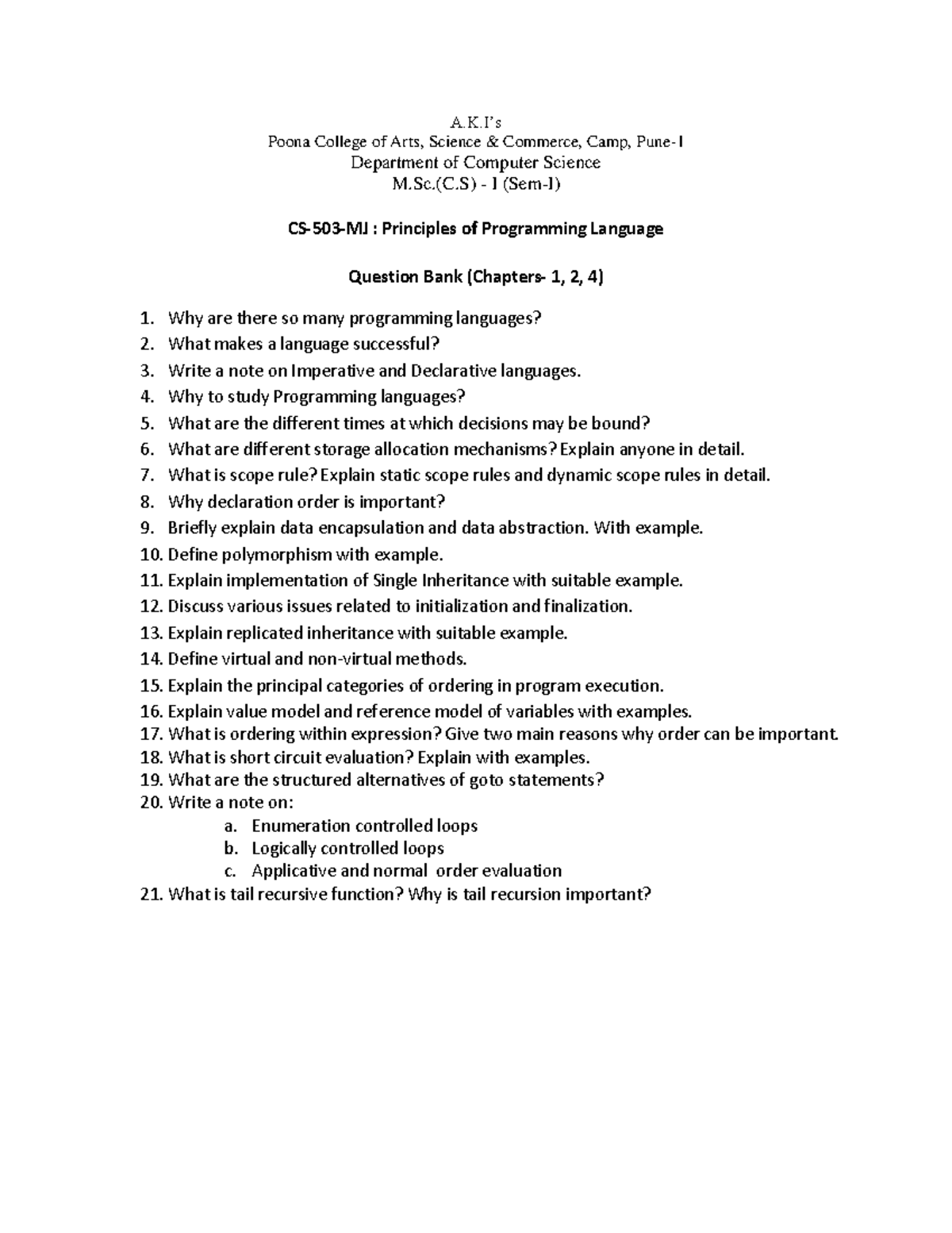 PPL M.Sc.(C.S) I: Principles of Programming Language Question Bank ...