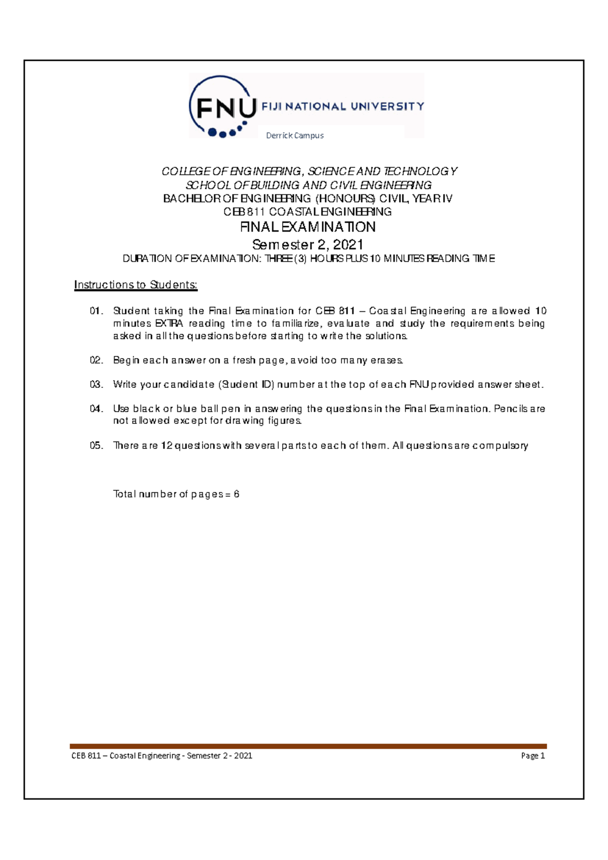 CEB 811 Coastal Engineering S2 2020 Final Exam Paper - C O LLEG E O F ...