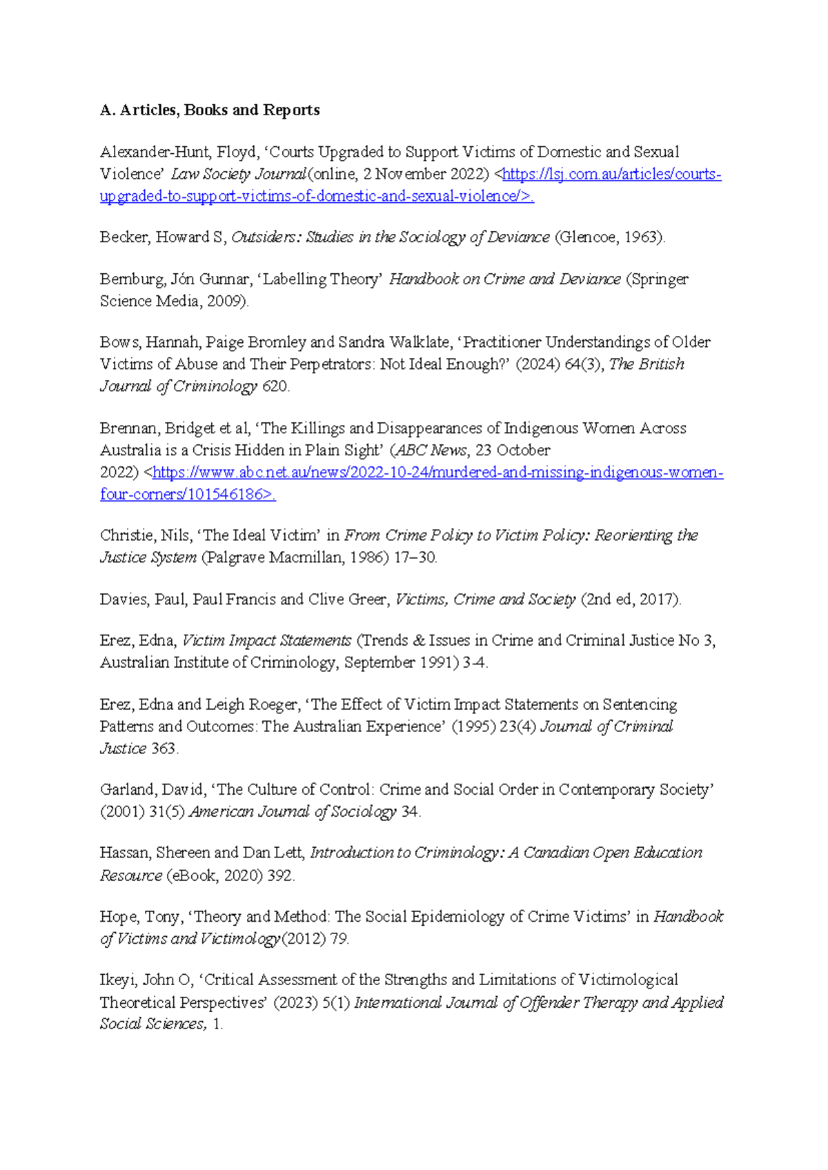 A. Bibliography on Victimology and Crime Studies - Studocu
