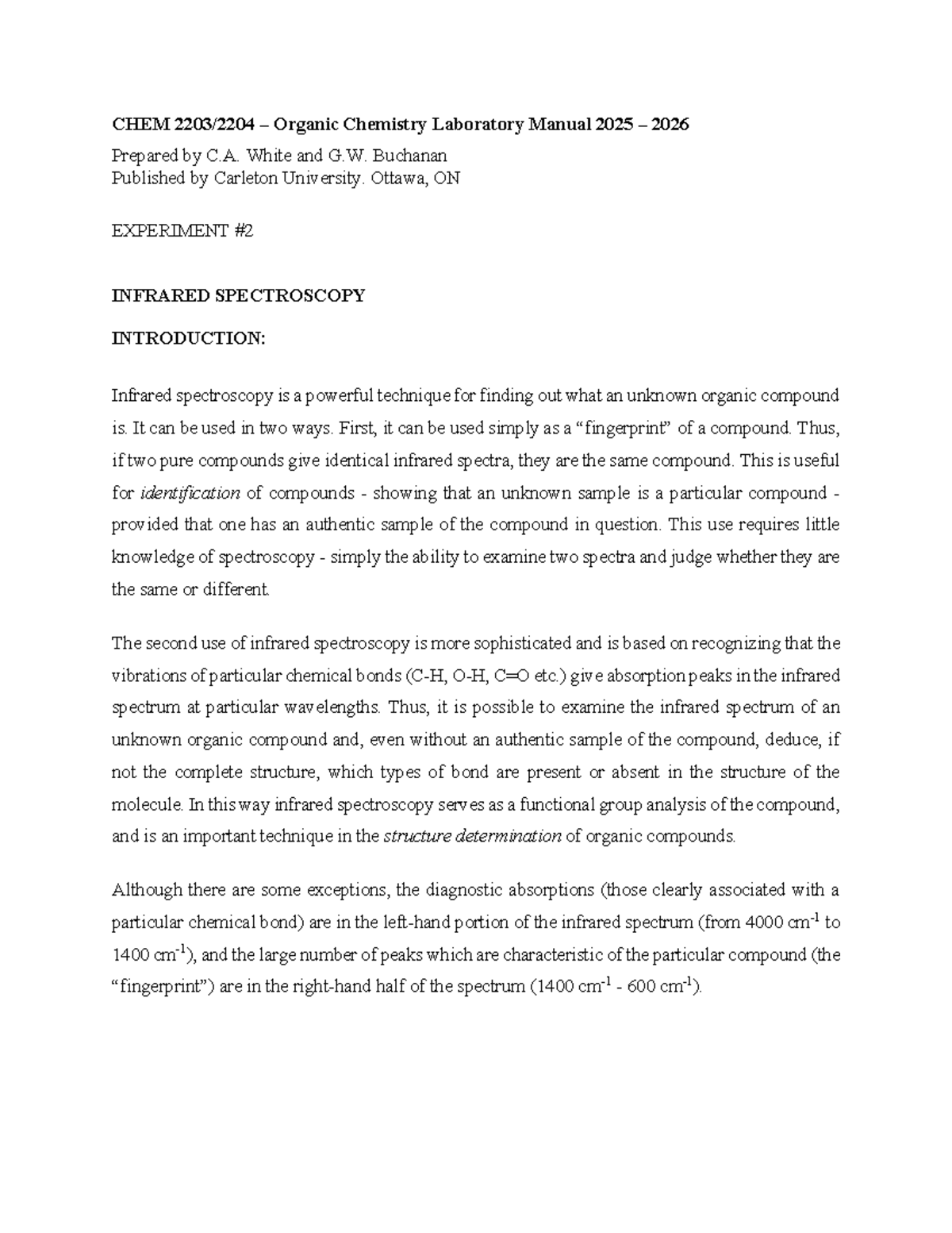CHEM 2025-2026 Organic Chemistry Lab: Infrared Spectroscopy Experiment ...