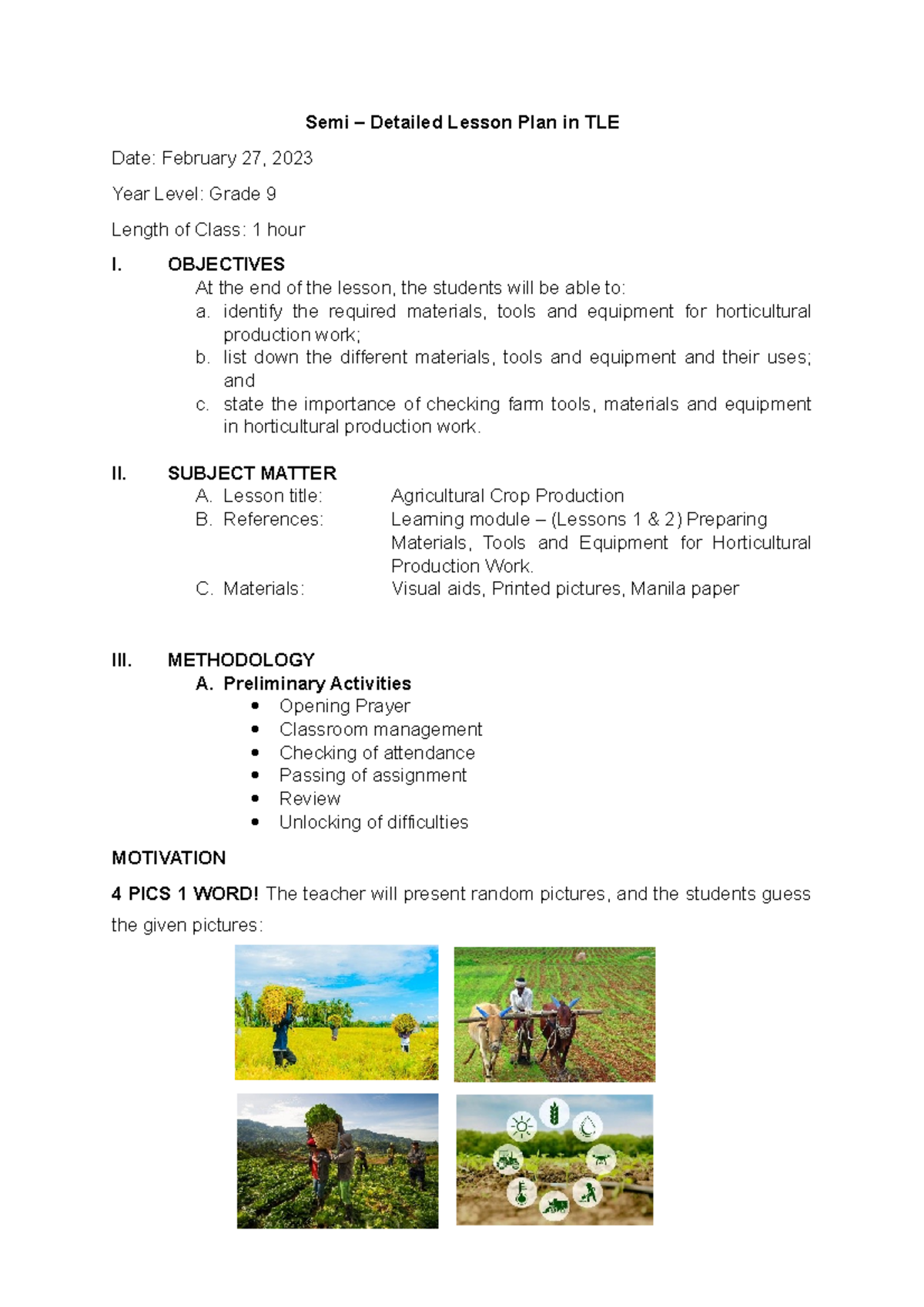 TLE 9 - Semi-Detailed Lesson Plan on Agricultural Crop Production - Studocu