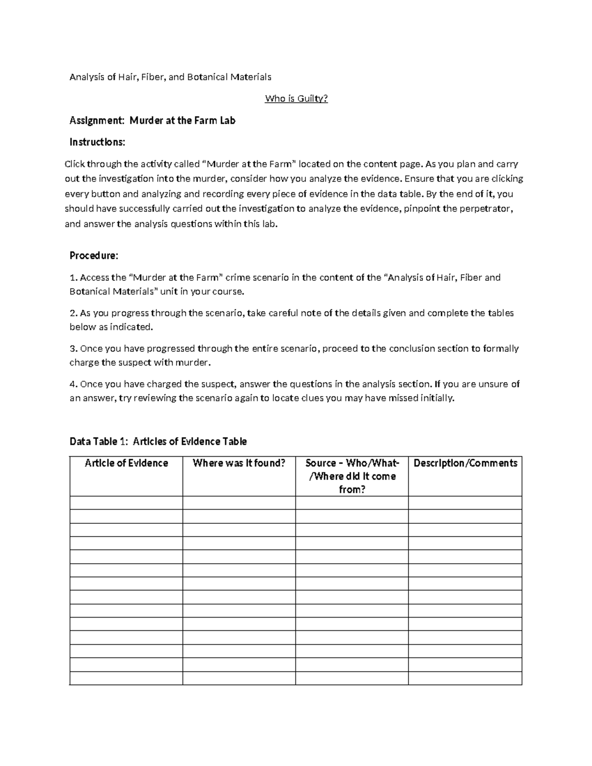 Murder at the Farm Lab: Hair & Fiber Analysis Assignment - Studocu