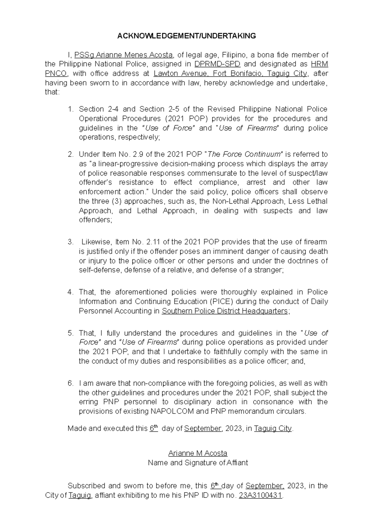 Acknowledgment of Force Continuum Undertaking - PNP Guidelines - Studocu