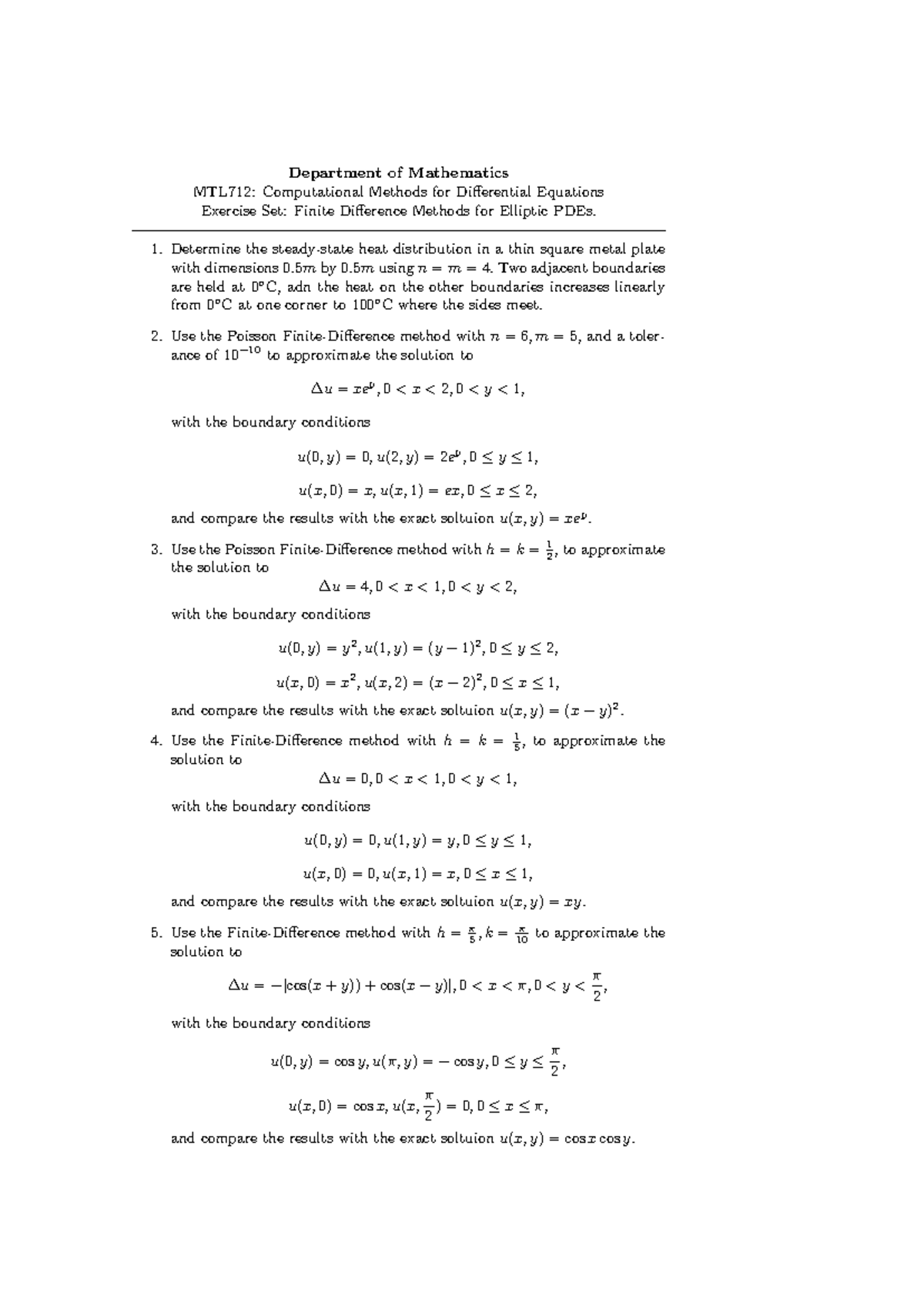 MTL712 Exercise Set: Finite Difference Methods for Elliptic PDEs - Studocu