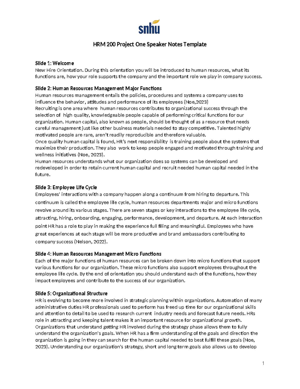 HRM 200 Project One: Speaker Notes for New Hire Orientation - Studocu