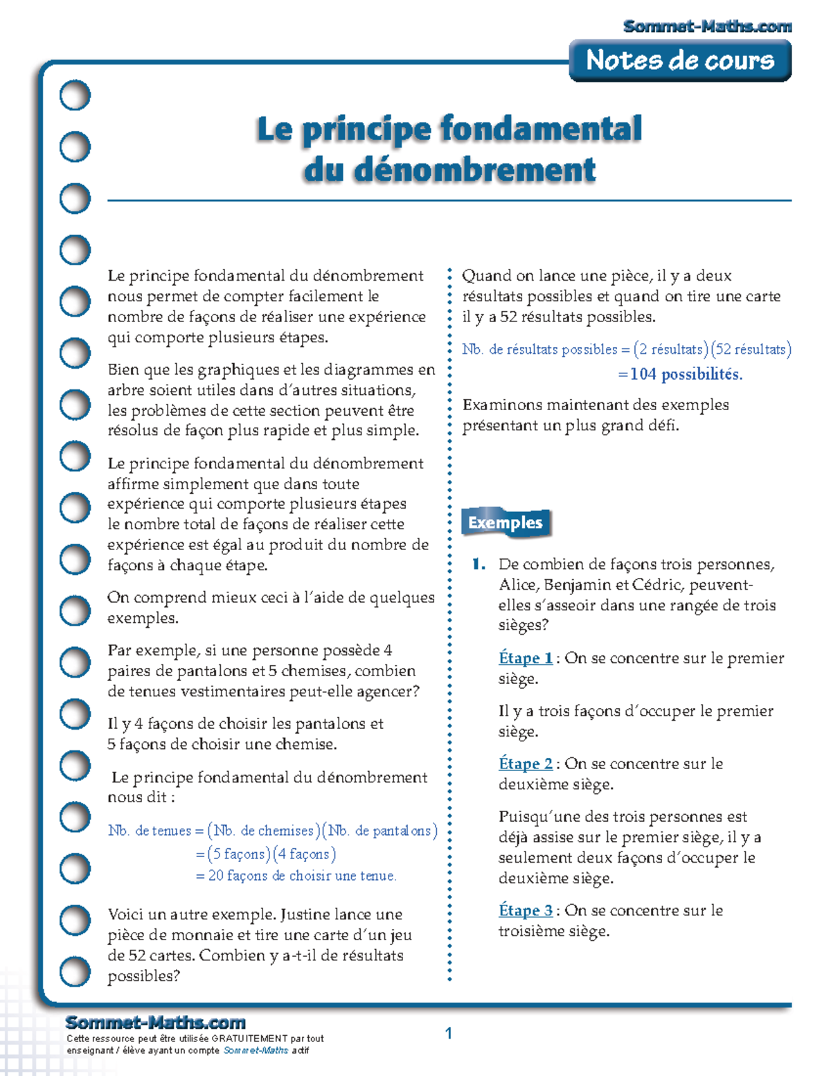 Cours MATH 101 : Principes Fondamentaux du Dénombrement et Exemples ...