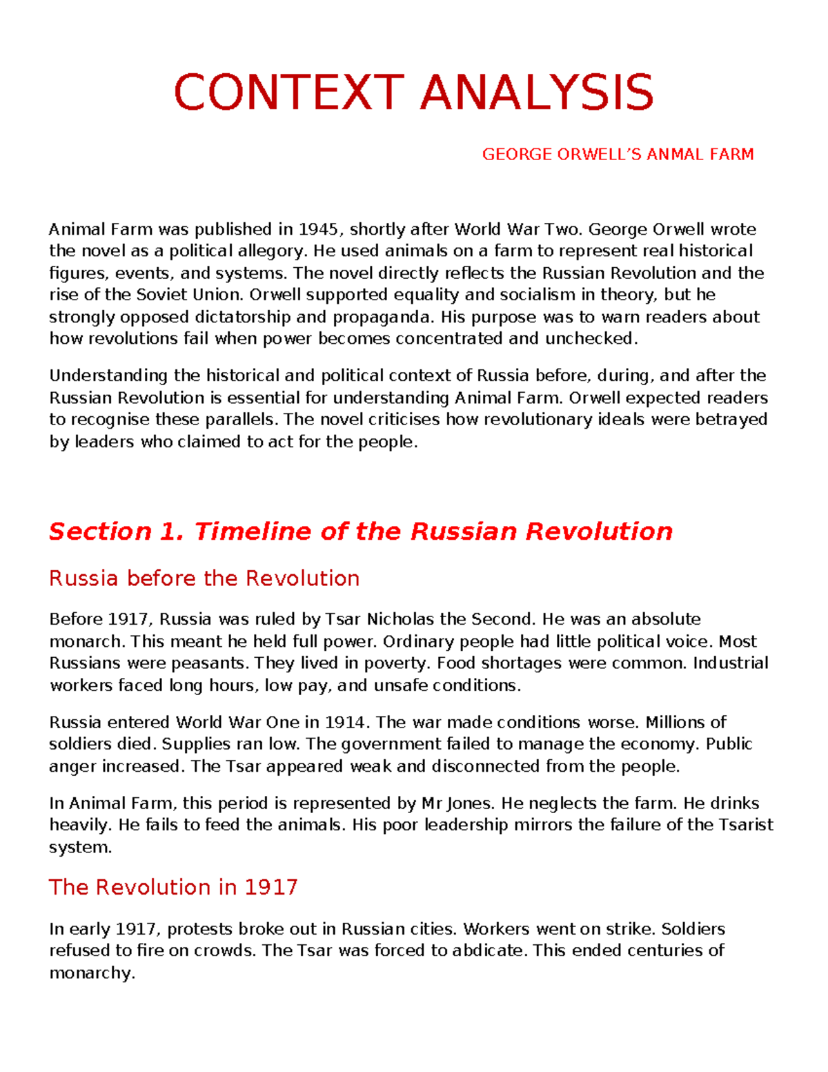 CONTEXT ANALYSIS OF ANIMAL FARM (ENG 101) - GEORGE ORWELL - Studocu